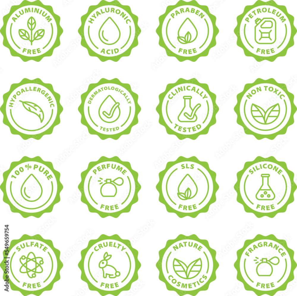 eco, bio, non toxic, clean, nature cosmetics icon stamp set. green ...