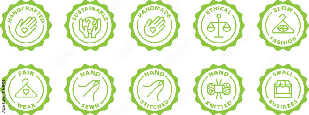 Handmade small business icon set. handcrafted, slow fashion, fair green ...