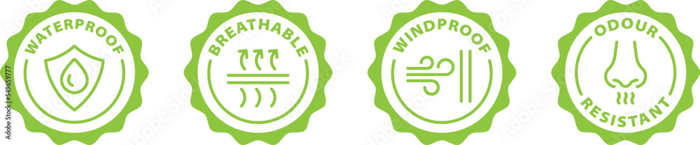 Waterproof, windproof, breathable, odour resistant green stamp. Symbol ...