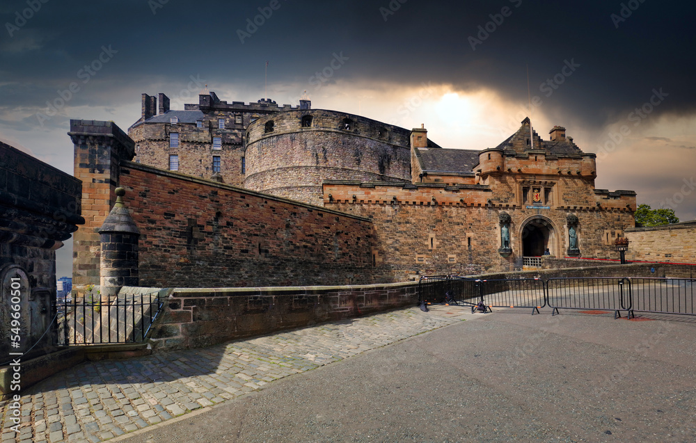 Edinburgh castle - front view with gatehouse at sunset, Castlehill ...