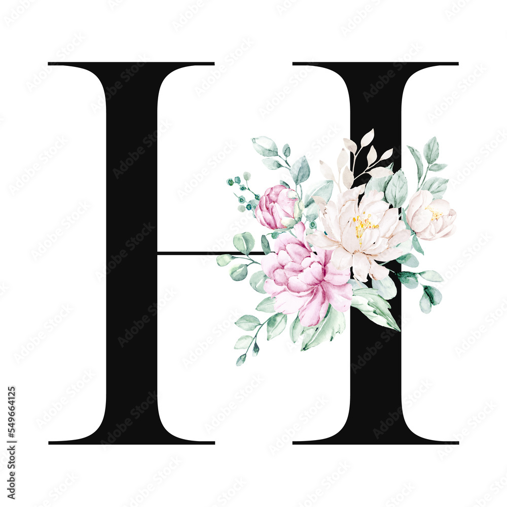 Floral alphabet, letter H with watercolor flowers and leaf. Monogram ...