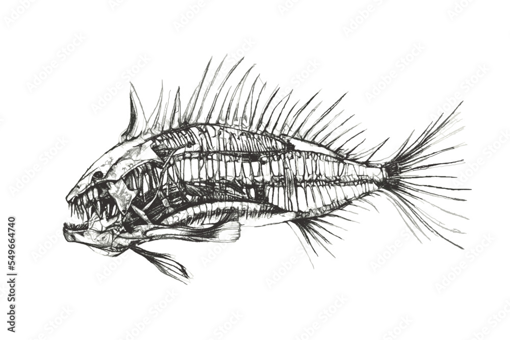 Fish skeleton. Fantastic Sea monster. Doodle sketch. Vector ...