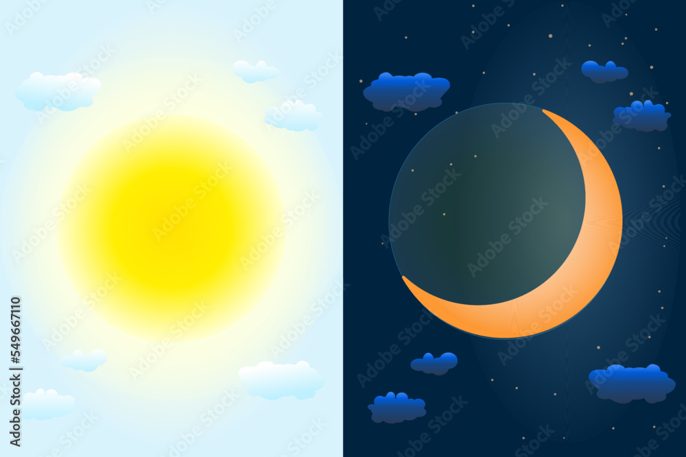 Day and night sky. Sun and moon as vernal or autumnal equinox day ...