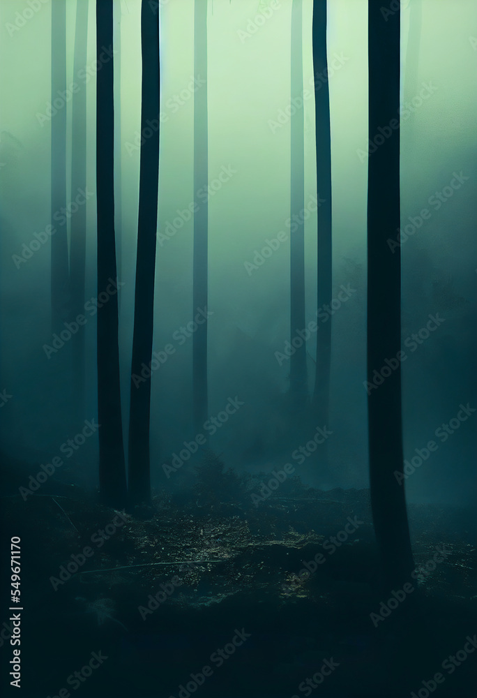 Vertical poster showing a forest on fire, tree trunks trapped in flames ...