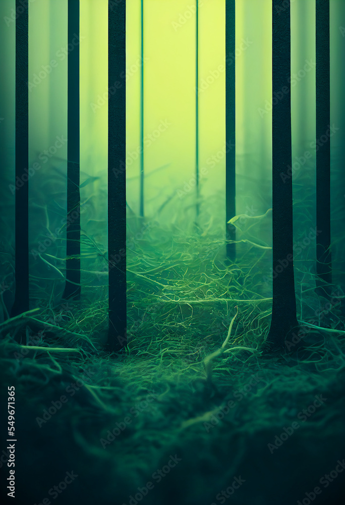 A vertical poster shows a forest on fire, with tree trunks trapped in ...