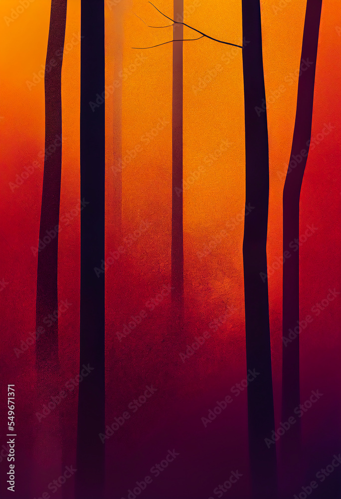 A vertical poster shows a forest on fire, with tree trunks trapped in ...