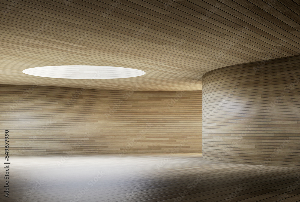 Abstract Modern Contemporary Interior Space With Curve Wooden Plank Wall And Circular Openings