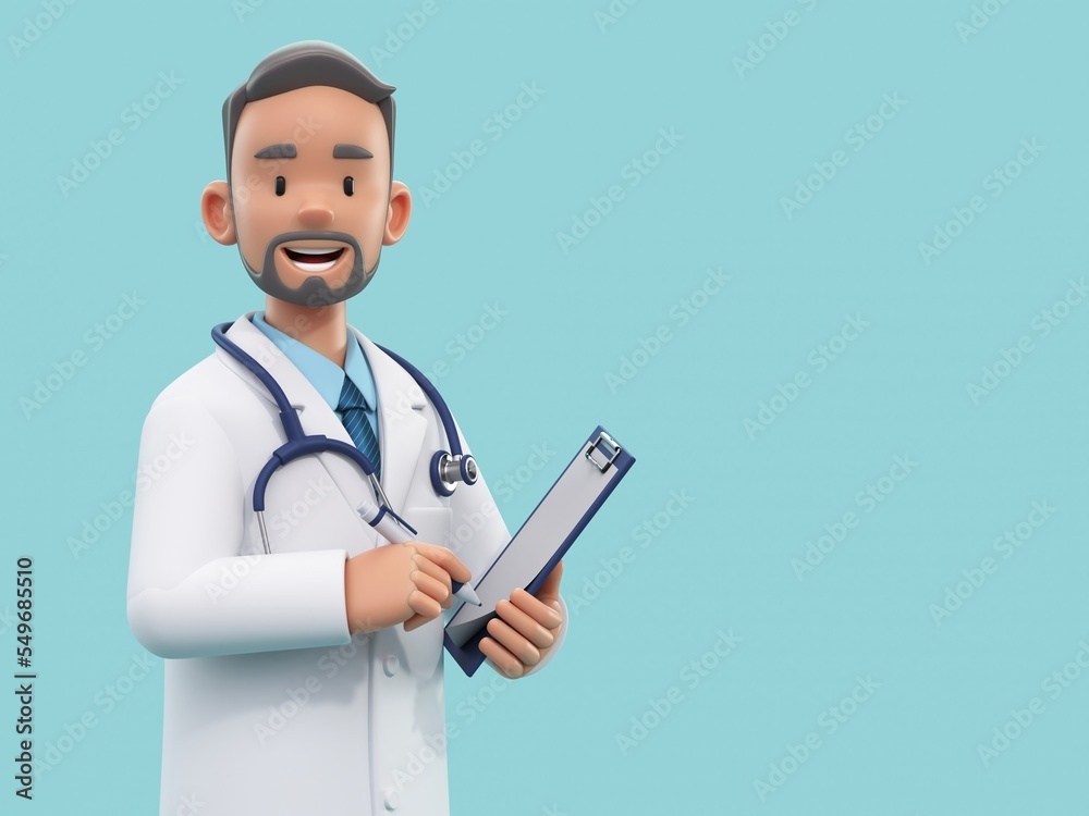 Cartoon doctor character holding pen and clipboard. Male medic ...