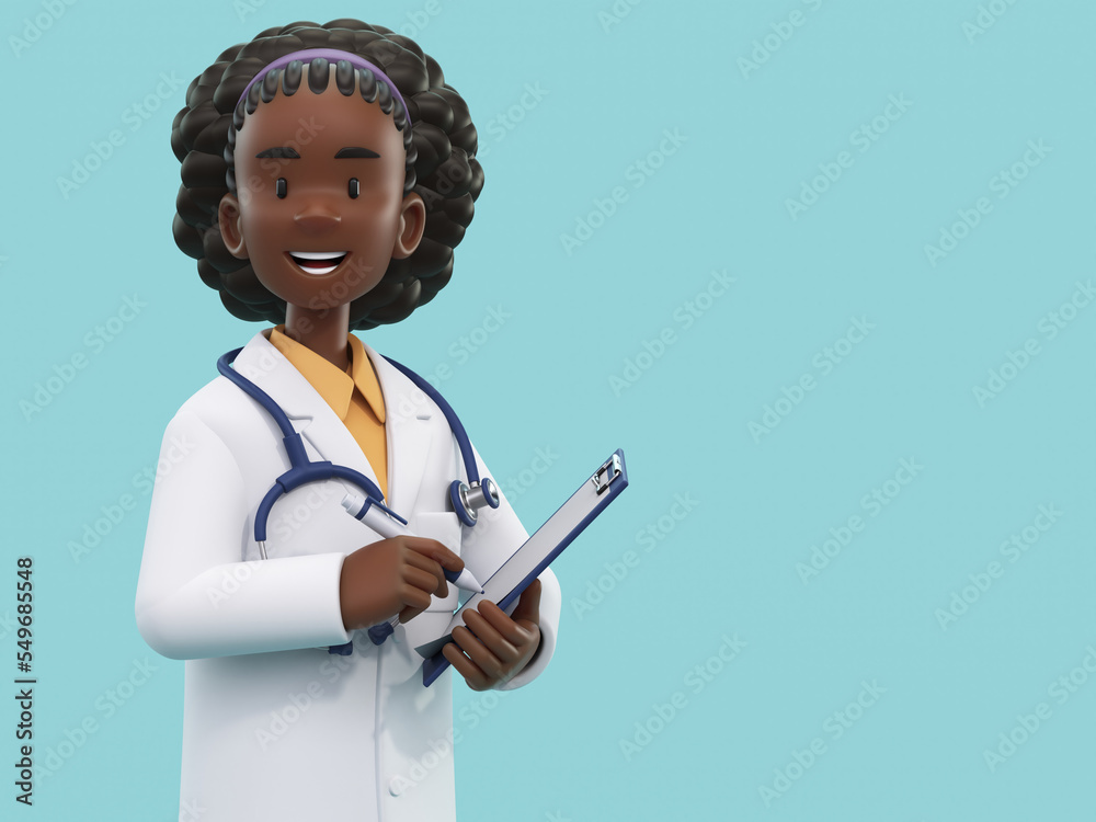 Cartoon doctor character holding pen and clipboard. Female African ...