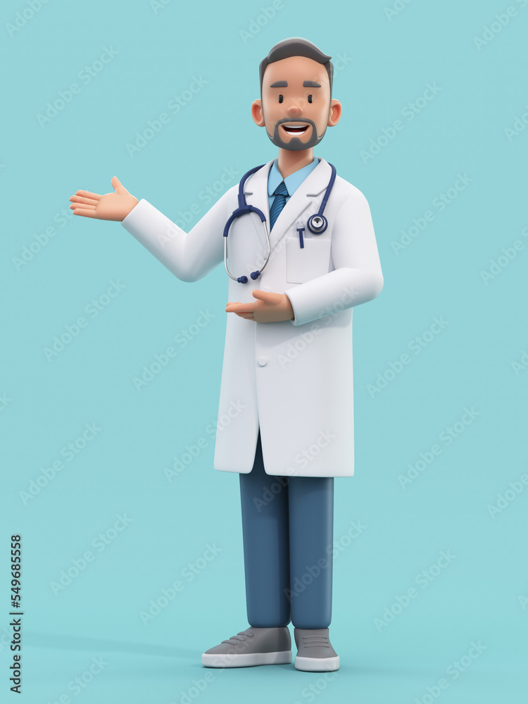 Cartoon doctor character in presenting or welcoming pose. Male medic ...