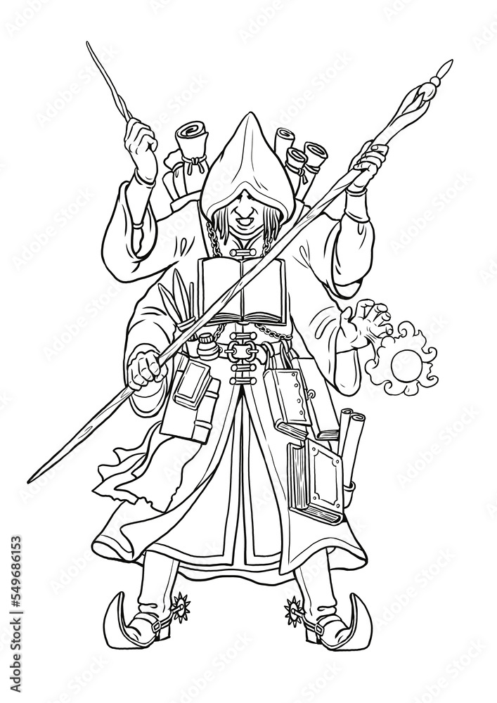 Wizard with four arms. Coloring page with the magician. Coloring ...