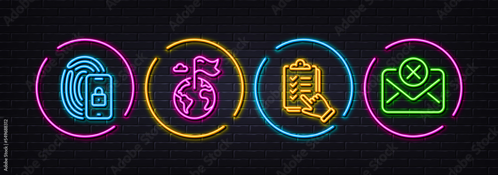 Destination flag, Lock and Checklist minimal line icons. Neon laser 3d lights. Reject mail icons ...