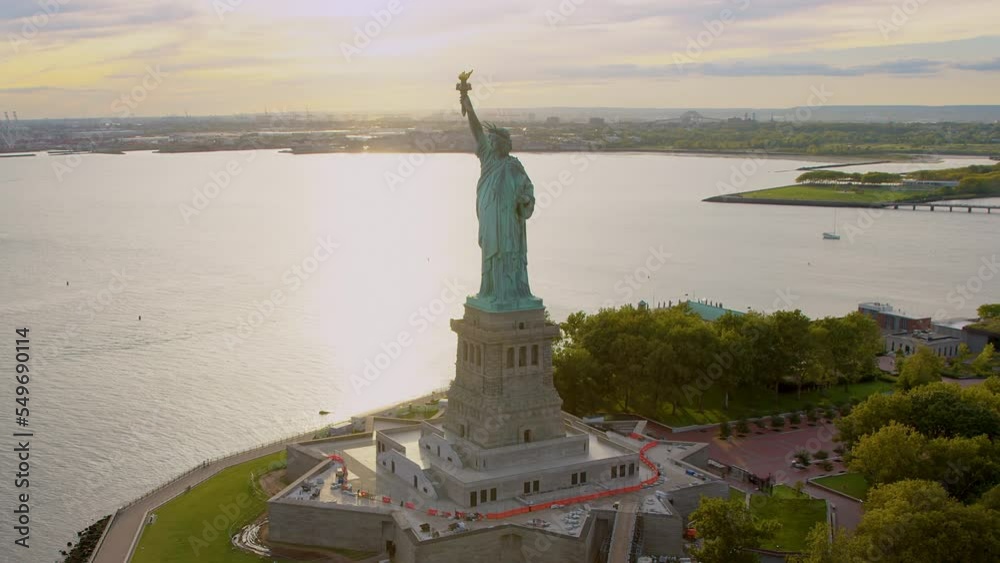 Aerial Orbit of Statue of Liberty in Liberty Island, New York City ...