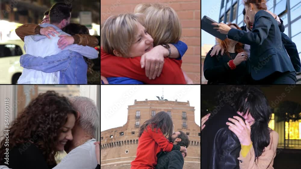 joyful and sad hugs - happy people and sad people hug each other Stock ...