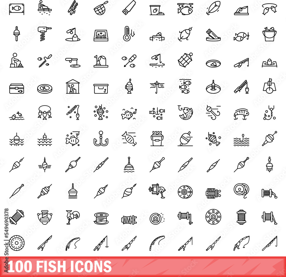 100 fish icons set. Outline illustration of 100 fish icons vector set ...