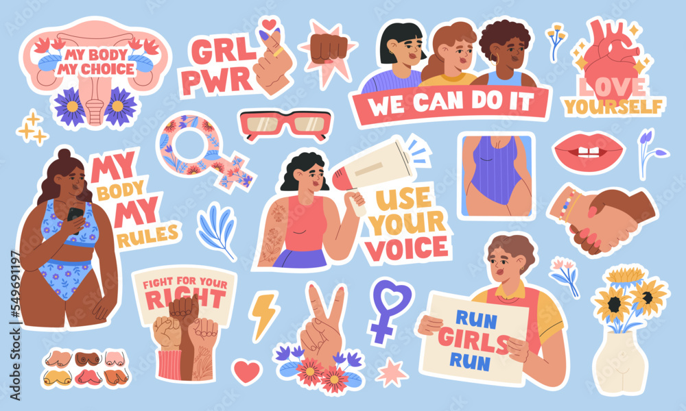 Girl power set of feminist and body positive stickers with motivation ...