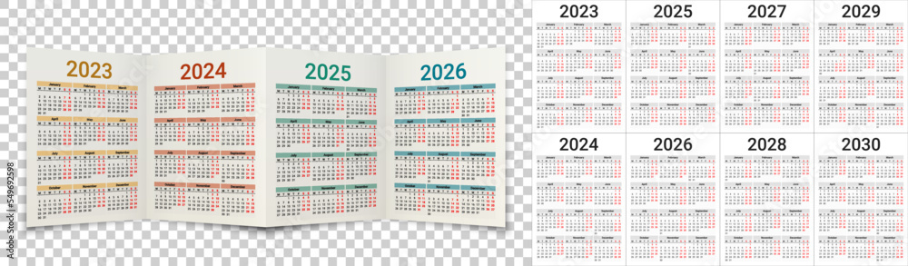 Calendar for 2023, 2024, 2025, 2026, 2027, 2028, 2029 and 2030. Set of ...