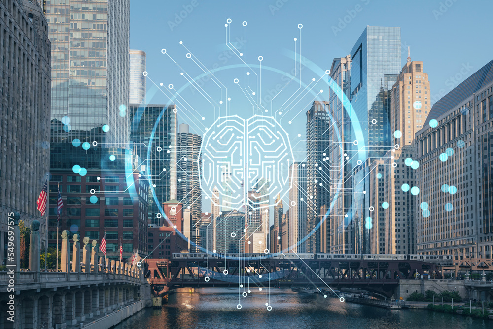 Panorama cityscape of Chicago downtown and Riverwalk, boardwalk with ...