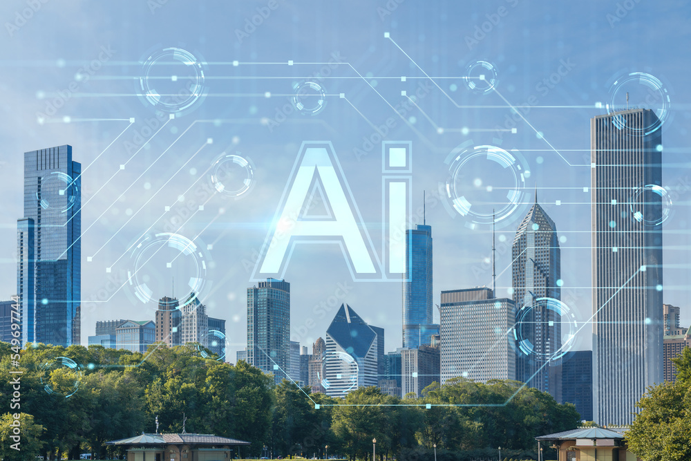 Chicago skyline, Butler Field towards financial district skyscrapers ...