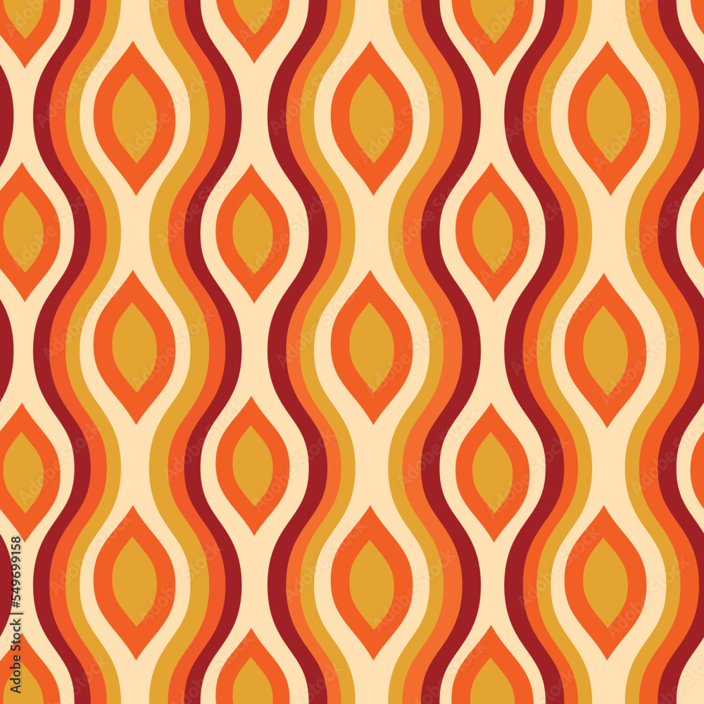 Mid Century modern ogee ovals seamless pattern with retro 70s waves in ...