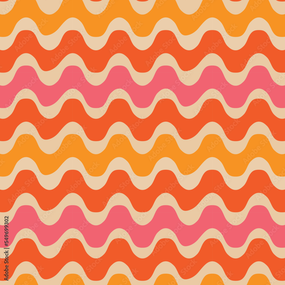 Abstract retro 70s groovy waves seamless pattern in orange, pink and ...