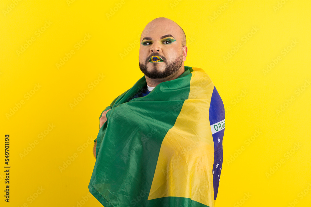 Caucasian man with a beard and with celebratory makeup in the colors of ...