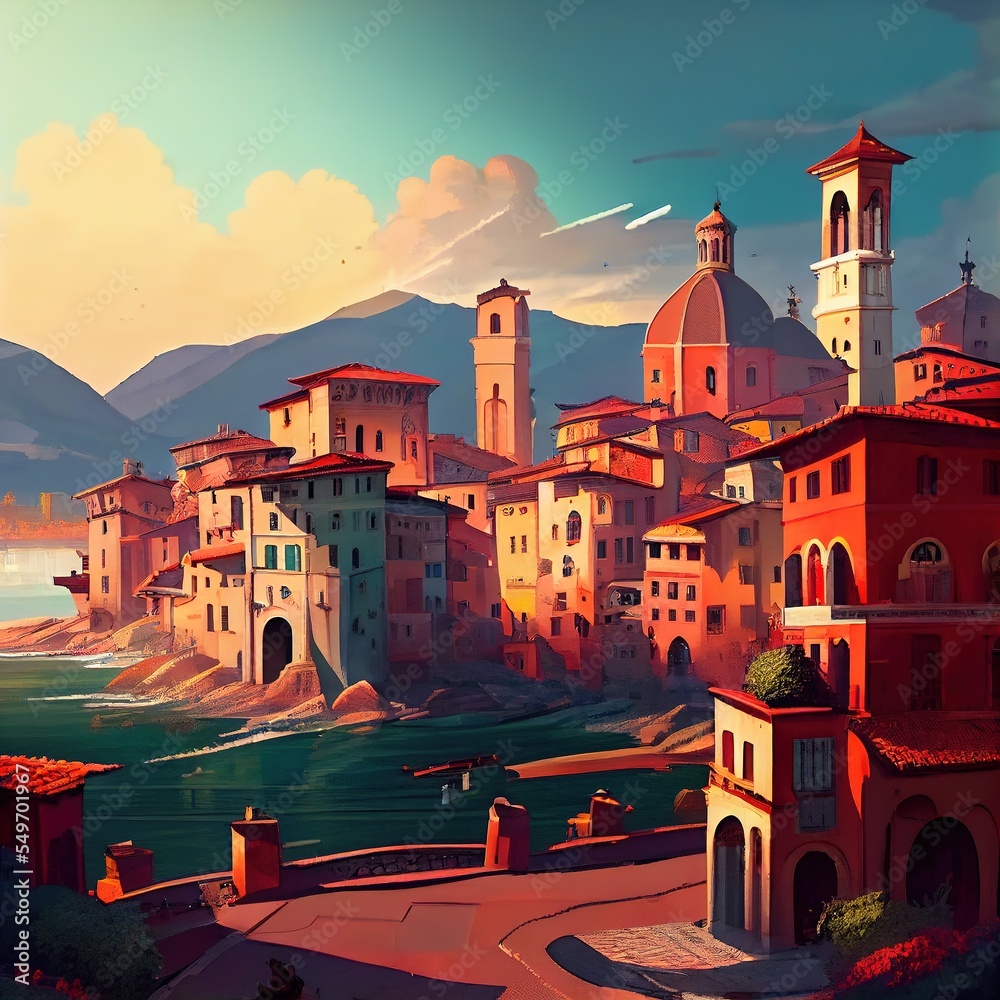 Beautiful streets of Italy. Ai generated illustration in cartoon style ...