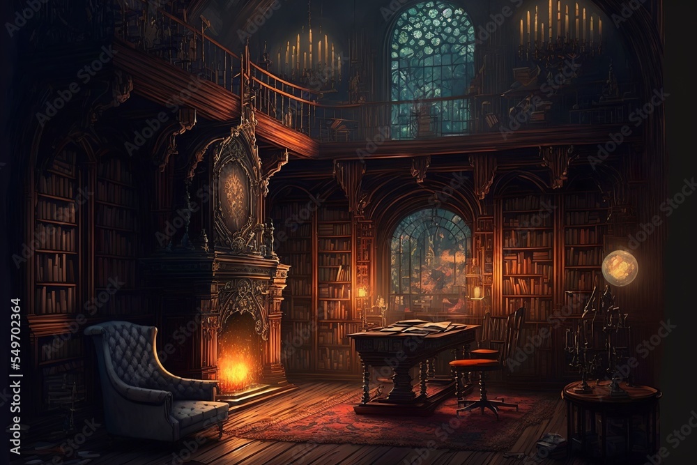 dark fantasy library with fireplace in gloomy cathedral design interior ...
