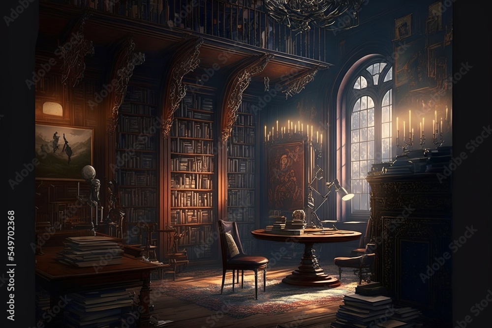 dark fantasy library in gloomy, and moody cathedral design interior ...