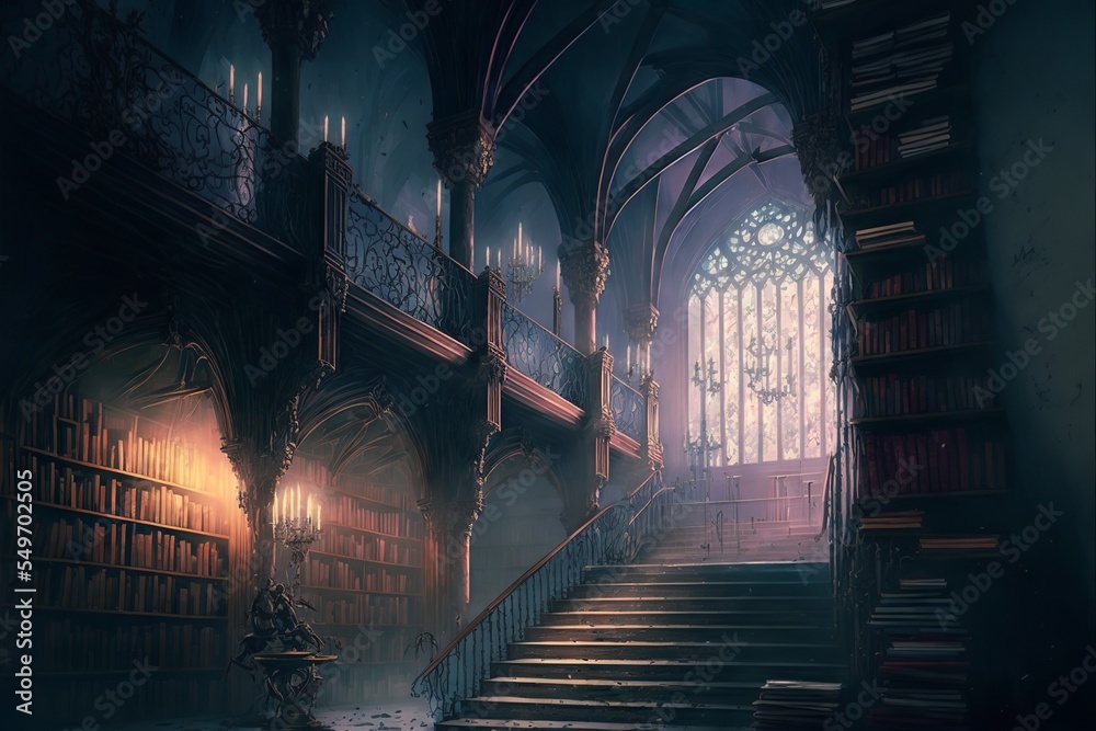 dark fantasy library interior in creepy cathedral design interior Stock ...