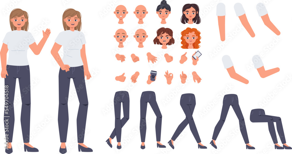 Cartoon girl character creation constructor. Cute blonde woman, legs ...