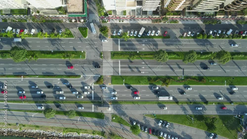 Drone view of road traffic in Florianopolis downtown. Urban road view ...