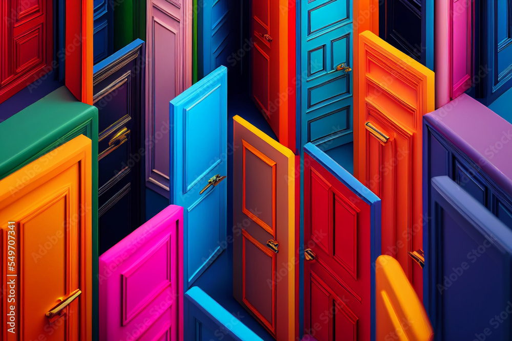 Colorful multi-colored doors. Colors of rainbow. The concept of ...