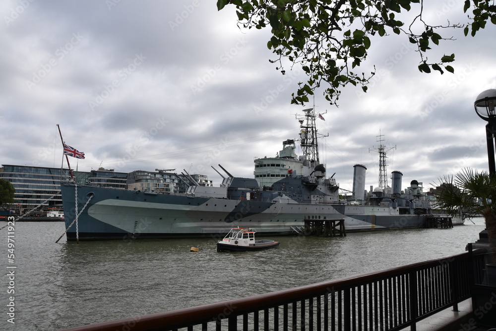 London, UK, 08 13 2016: View on HMS Belfast, a famous WWII battleship ...