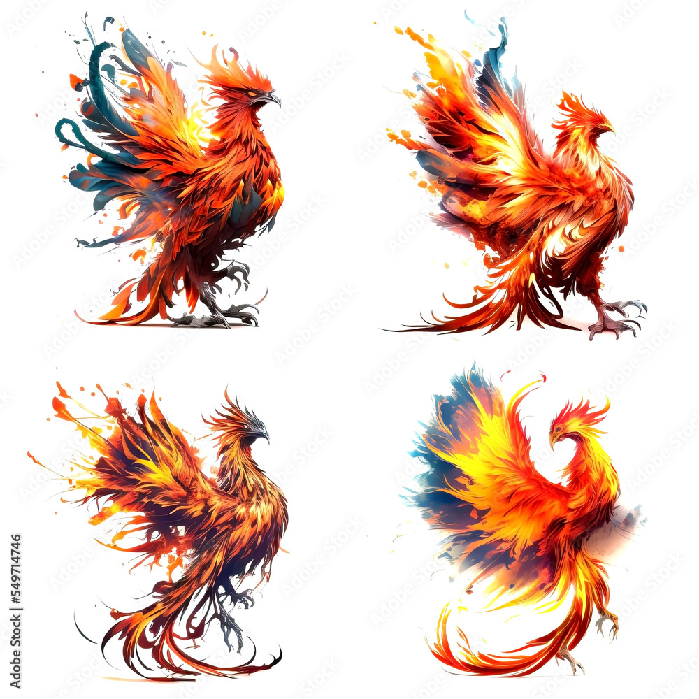 Phoenix from the ashes. Fire bird. Flaming Fire wings. Set of four ...