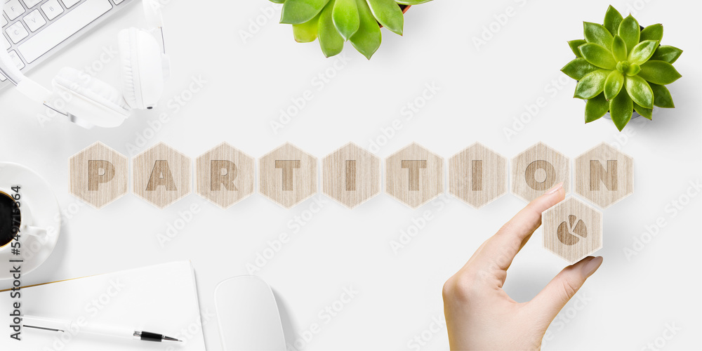Partition - Wood grain hexagon with text Partition and hand-holding ...