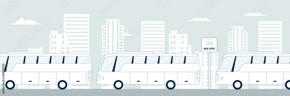 City bus stop. Urban social transportation, buses waiting on stop ...