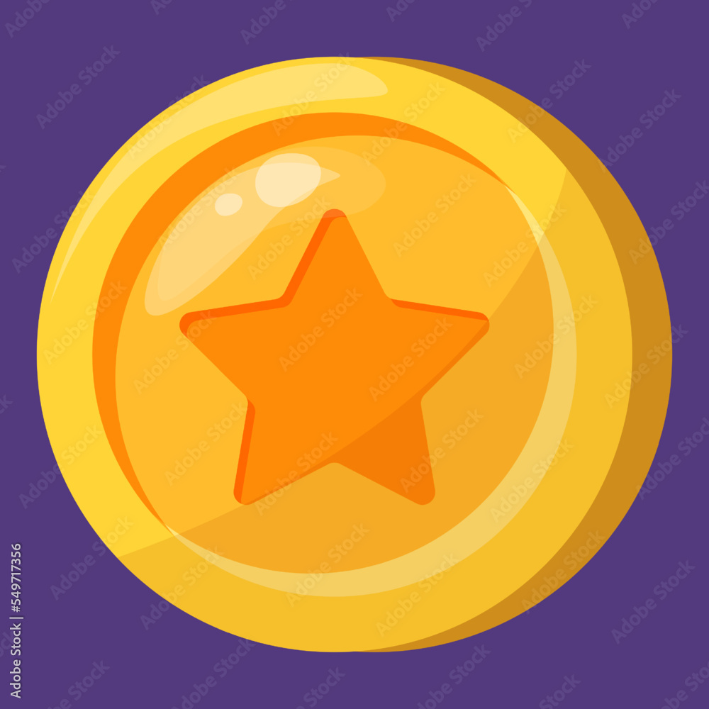 Golden coin with a star on it. Vector illustration of a game icon ...