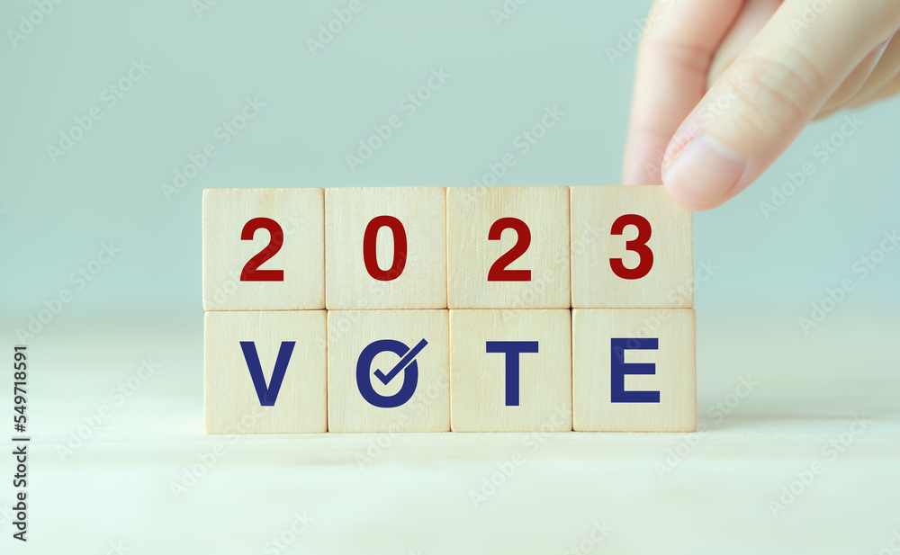 Election vote in 2023 concept. Vote word with checkmark symbol on ...