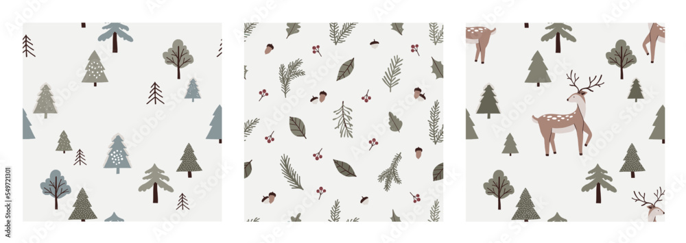 Set of winter boho seamless patterns with Christmas trees, fir branches ...
