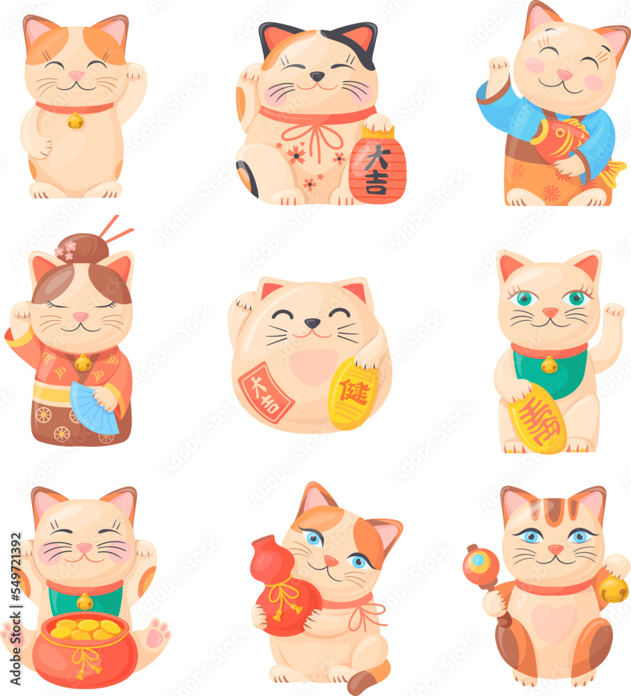 Lucky cats. Traditional japanese cat statuettes, maneki neko japan ...