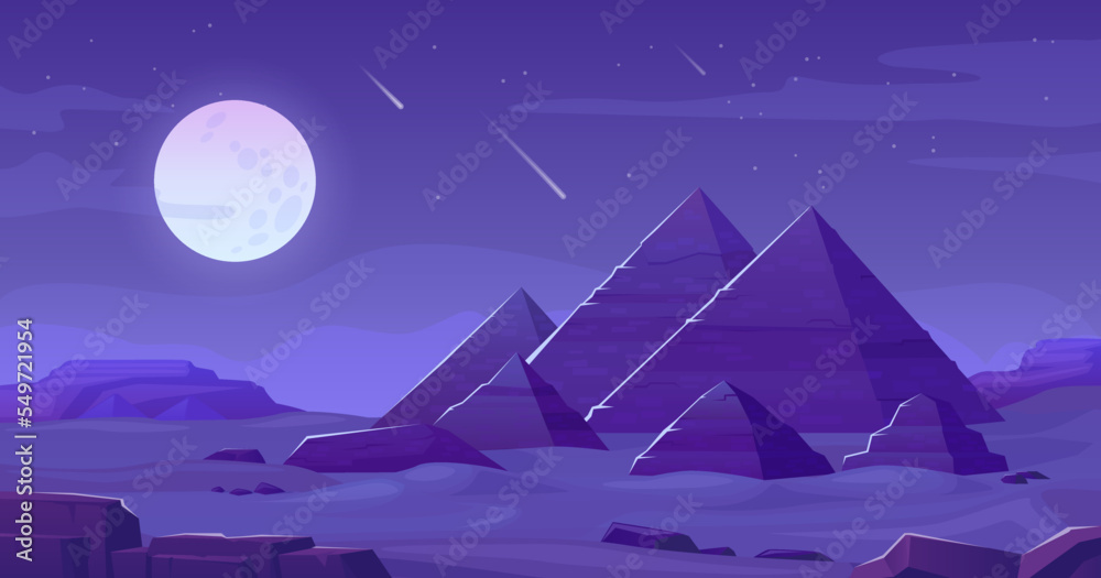 Nighting pyramids. Egyptian pyramid in sand desert at night sky stars ...