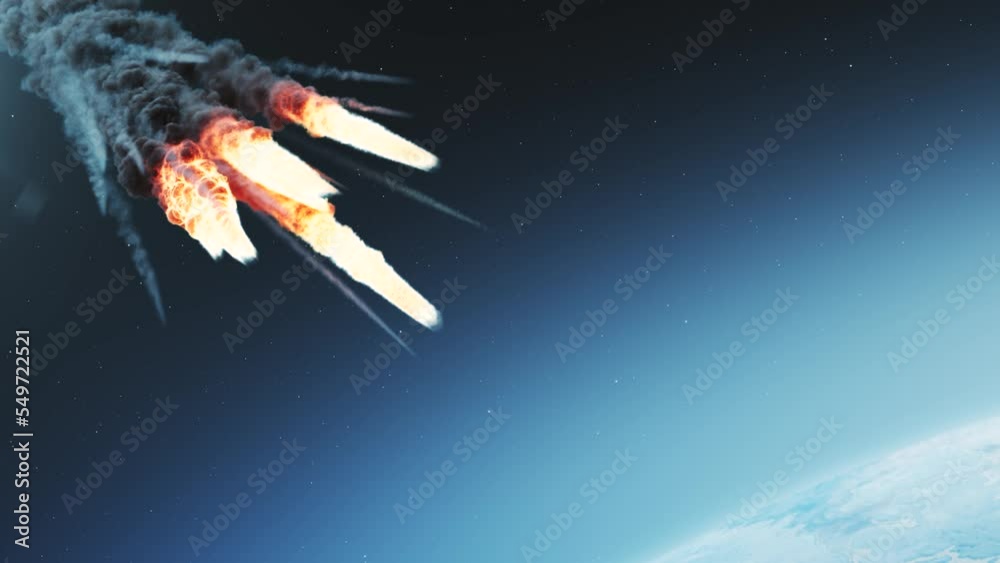 Multiple burning meteors asteroids entaering earth Atmosphere Flaming burning Asteroid entering ...