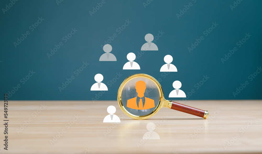 Human or HRM Resource Management, Magnifier glass focus on manager icon ...