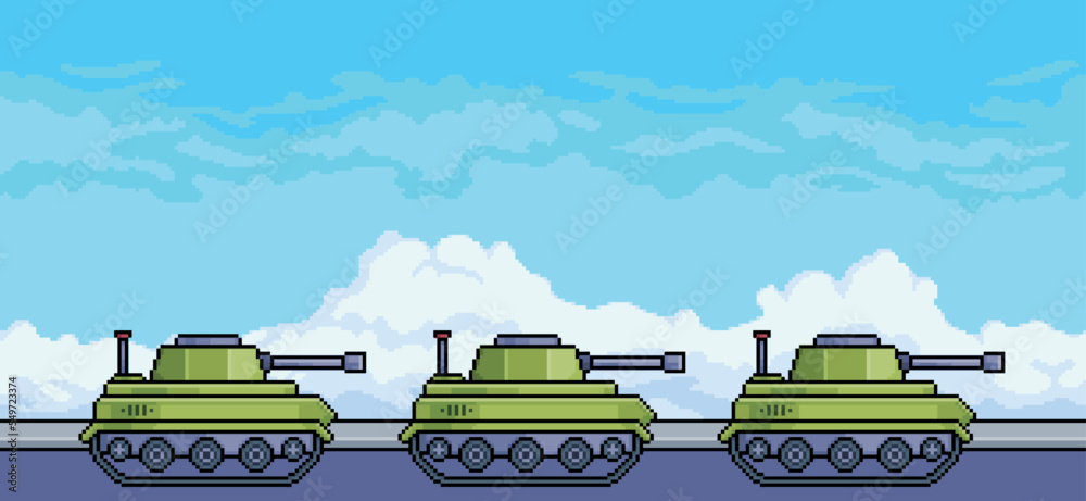 Pixel art convoy of war tanks on the street with blue sky background ...