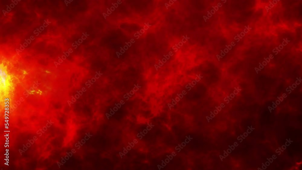 Loop orange red smoke cloud flow moving from left to right side on dark ...