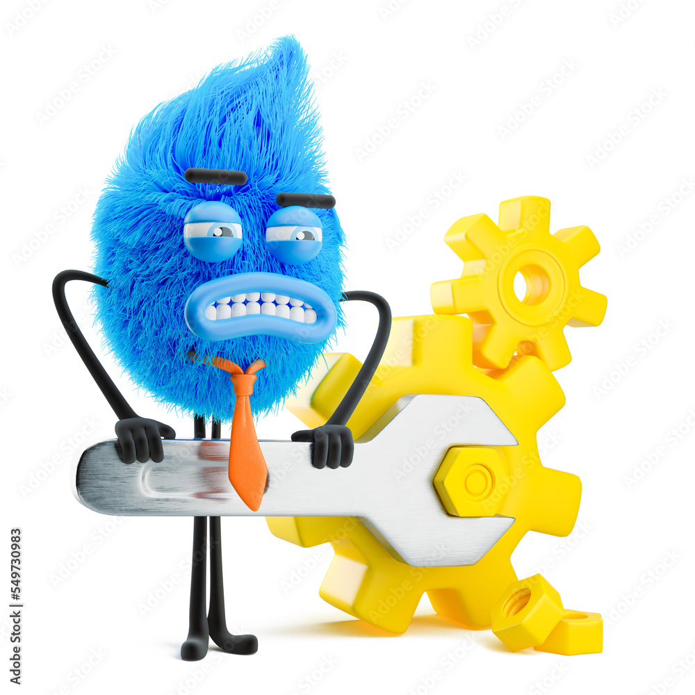 Fluffy businessman fixes the machine. 3d illustration. Cartoon ...