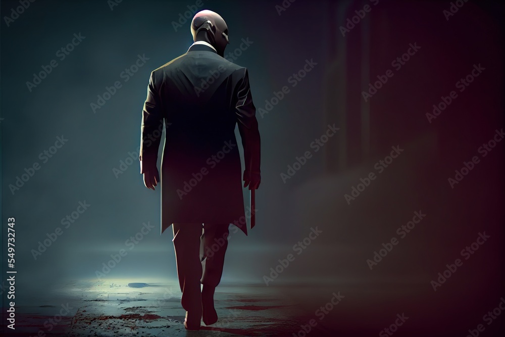 Mafia hitman in a suit, bald killer silhouette in a coat with a gun in ...