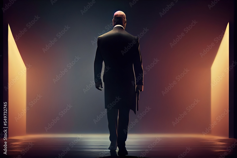 Mafia hitman in a suit, bald killer silhouette in a coat with a gun in ...