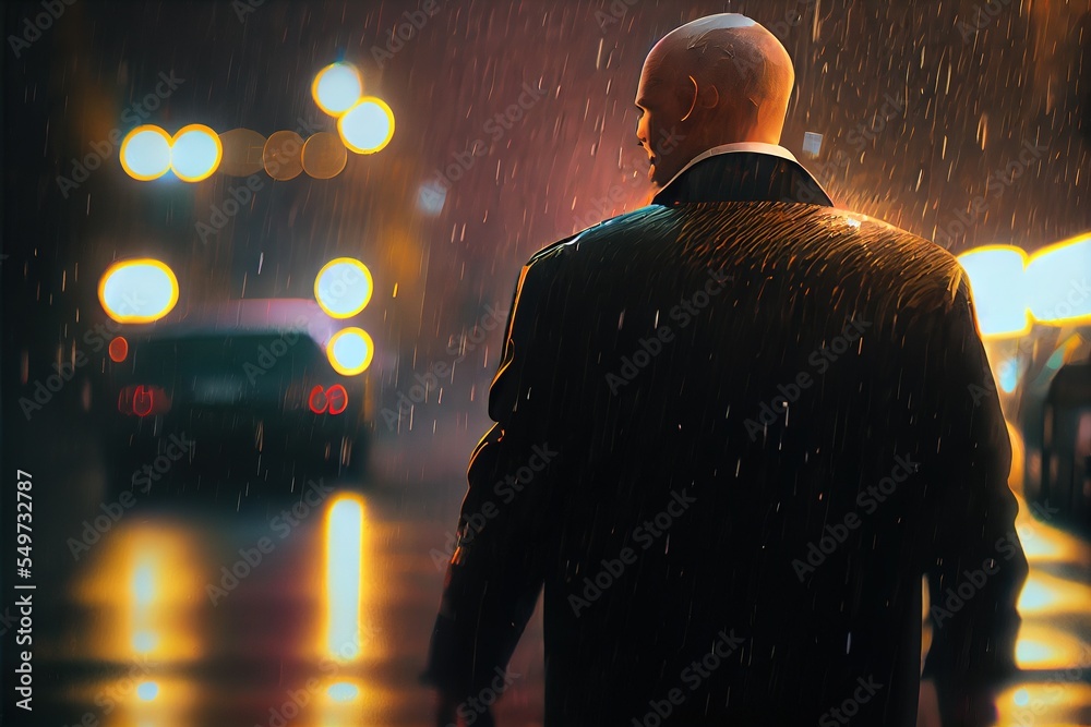 Mafia hitman in a suit, bald killer silhouette in a coat with a gun in ...